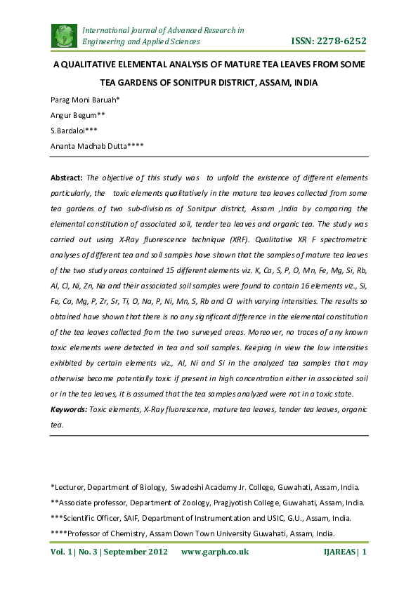 (PDF) A QUALITATIVE ELEMENTAL ANALYSIS OF MATURE TEA LEAVES FROM SOME ...