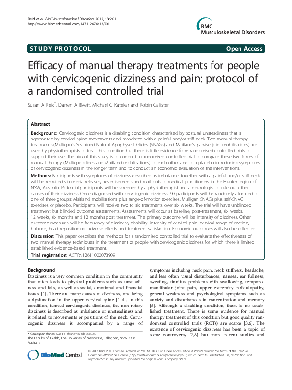 (PDF) Efficacy of manual therapy treatments for people with cervicogenic dizziness and pain ...
