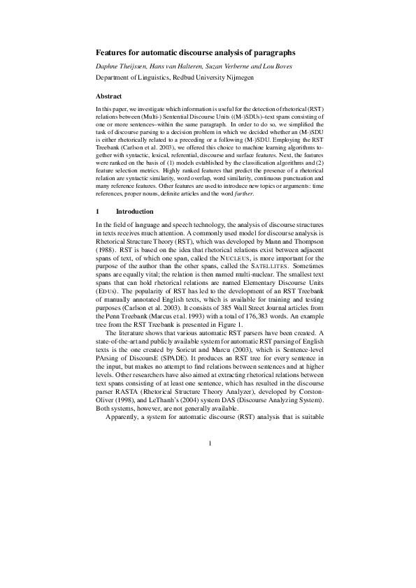 (PDF) Features for automatic discourse analysis of paragraphs | Suzan Verberne - Academia.edu
