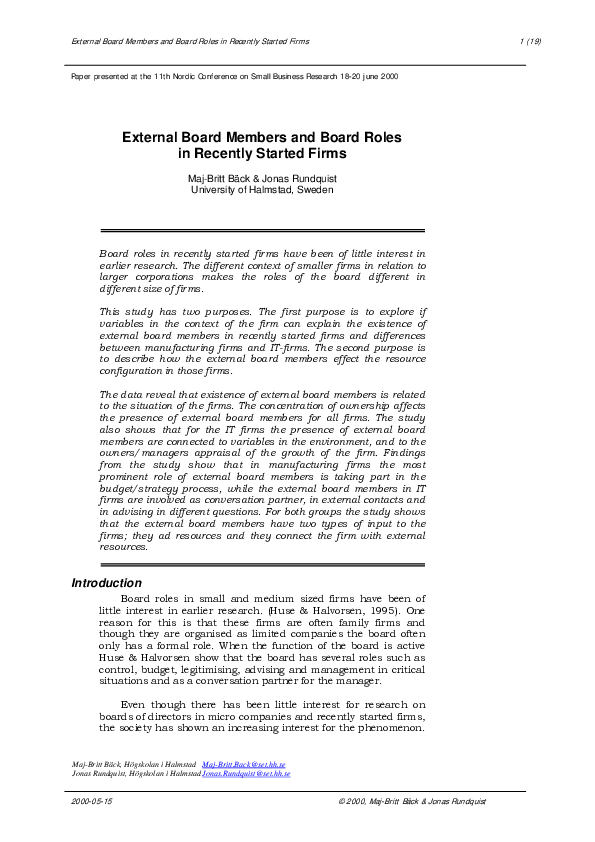 (PDF) External Board Members and Board Roles In Recently Started Firms