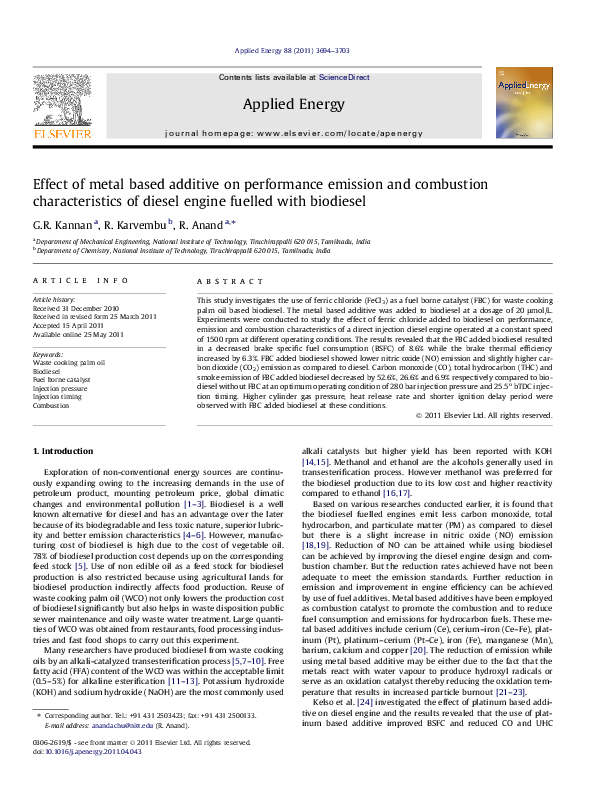 Pdf Effect Of Metal Based Additive On Performance Emission And Combustion Characteristics Of