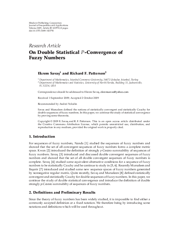 (PDF) On Double Statistical P-Convergence of Fuzzy Numbers