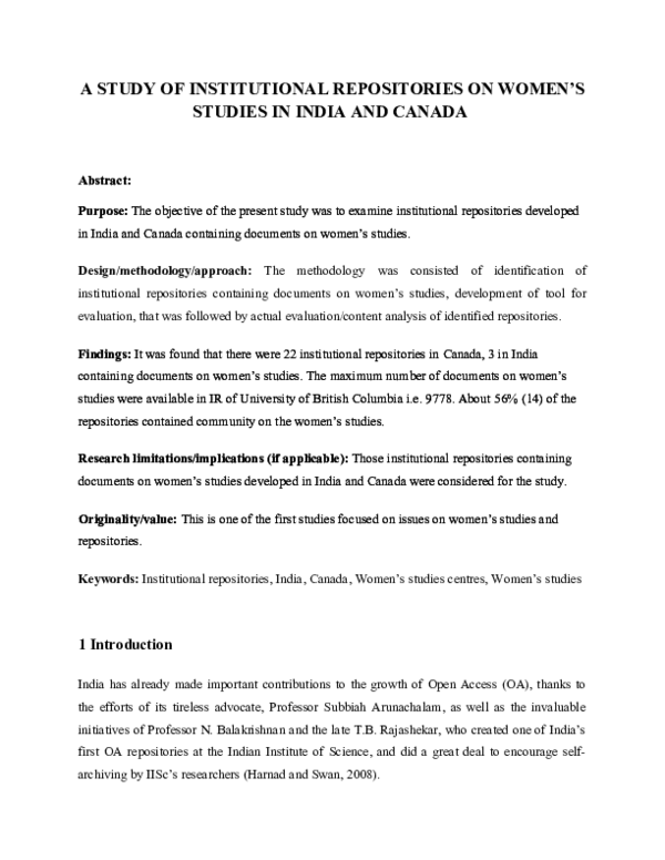 (DOC) A Study of Institutional Repositories on Women's Studies in India ...