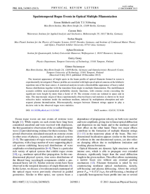 (PDF) Spatiotemporal Rogue Events in Optical Multiple Filamentation