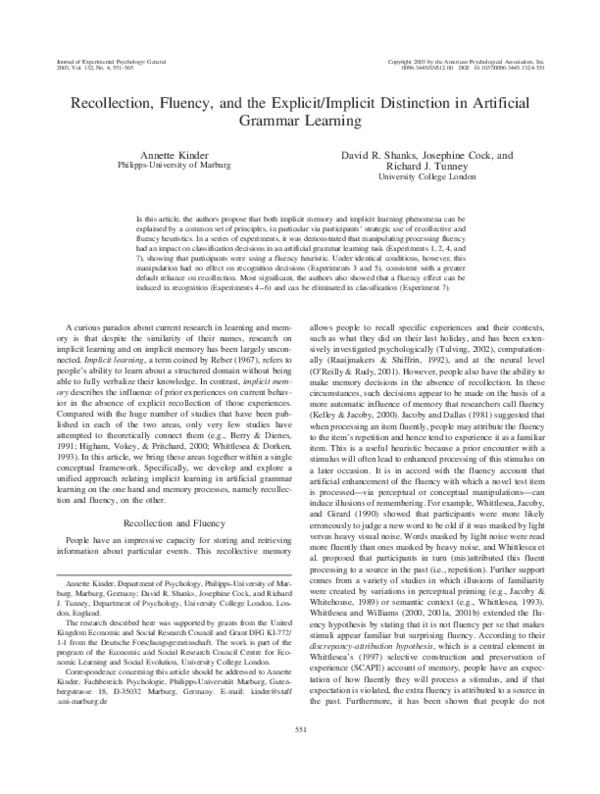 (PDF) Recollection, Fluency, and the Explicit/Implicit Distinction In Artificial Grammar Learning