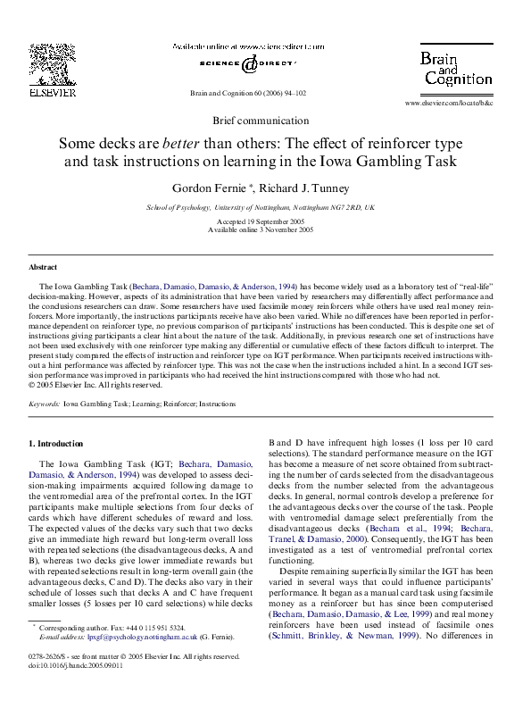 (PDF) Some Decks Are Better Than Others: the Effect of Reinforcer Type ...