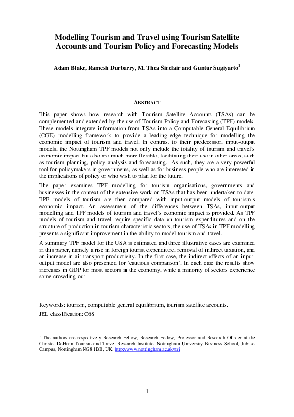 Pdf Modelling Tourism And Travel Using Tourism Satellite Accounts And