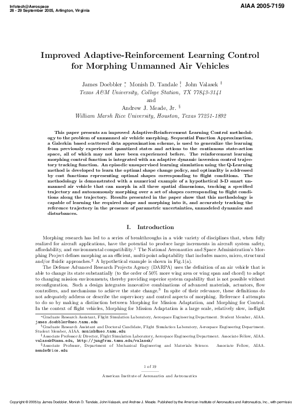 (PDF) Improved Adaptive-Reinforcement Learning Control for Morphing Unmanned Air Vehicles