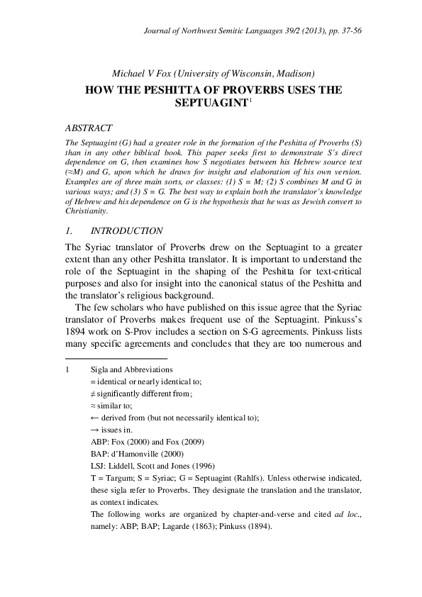 (PDF) “How The Peshitta of Proverbs Uses the Septuagint.” Journal of ...