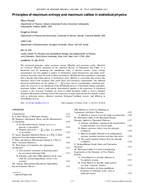 Pdf Principles Of Maximum Entropy And Maximum Caliber In Statistical