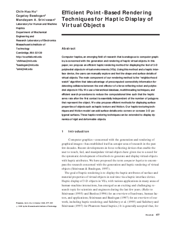 Pdf Efficient Point Based Rendering Techniques For Haptic Display Of Virtual Objects Cagatay