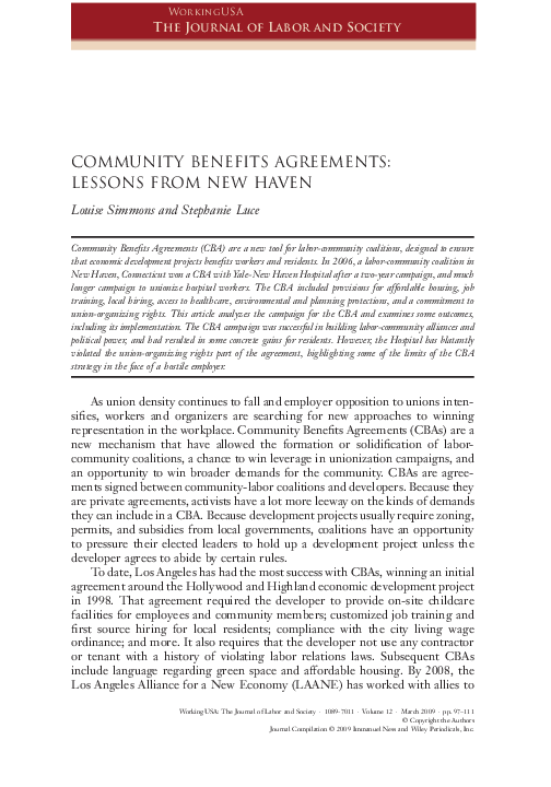 (PDF) COMMUNITY BENEFITS AGREEMENTS: LESSONS FROM NEW HAVEN