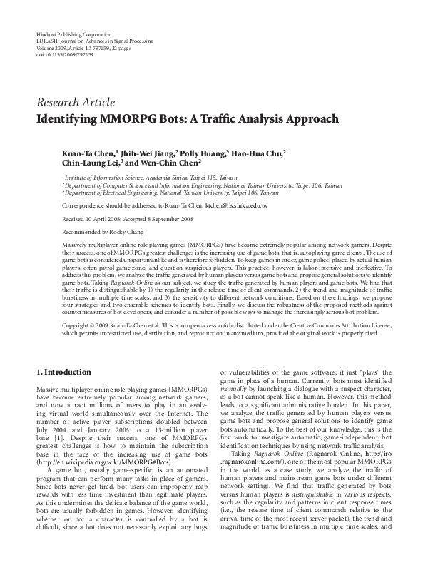 (PDF) Identifying MMORPG bots: a traffic analysis approach