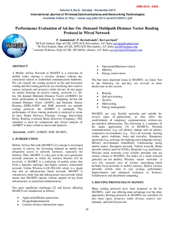 Pdf Performance Evaluation Of Ad H Oc On Demand Multipath Distance Vector Routing Protocol