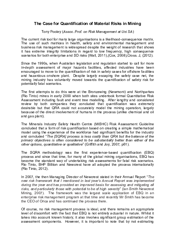 (PDF) The Case for Quantification of Material Risks in Mining