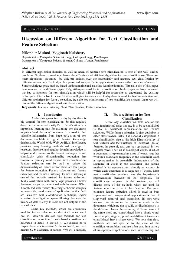 Pdf Discussion On Different Algorithm For Text Classification And Feature Selection