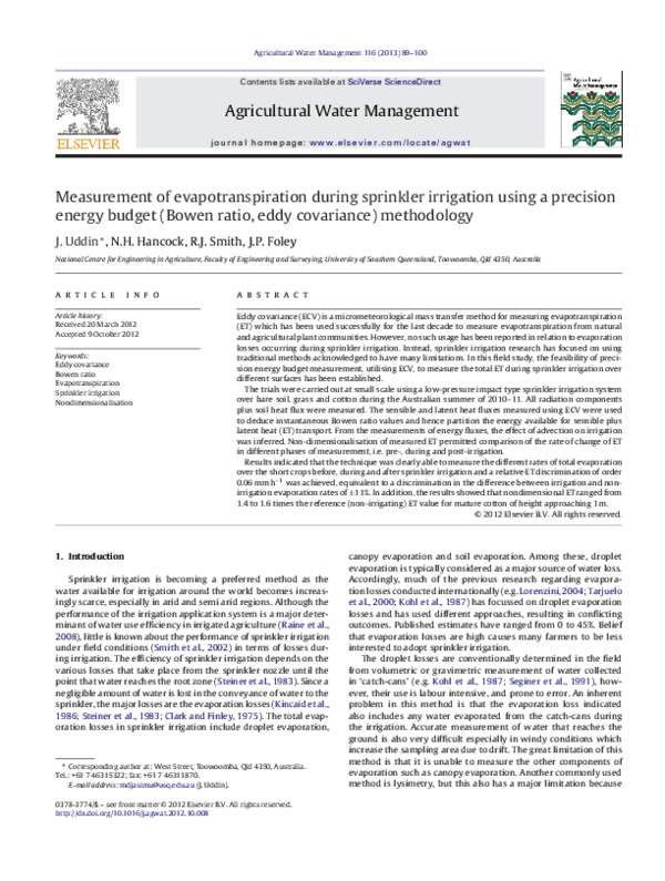 Pdf Measurement Of Evapotranspiration