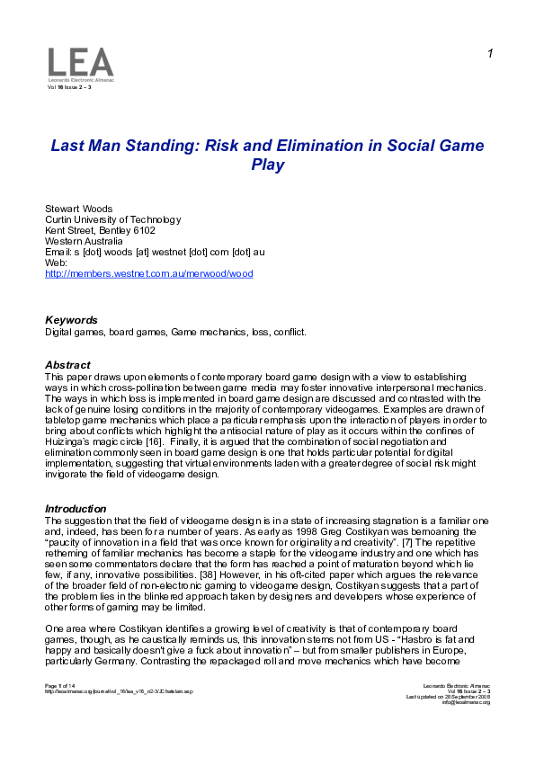(PDF) Last Man Standing: Risk and Elimination In Social Game Play
