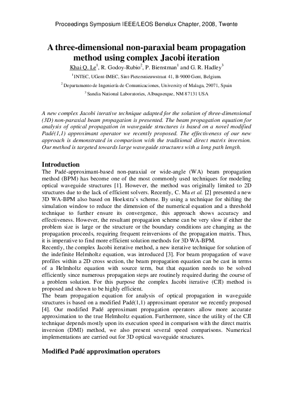 Pdf A Three Dimensional Non Paraxial Beam Propagation Method Using Complex Jacobi Iteration