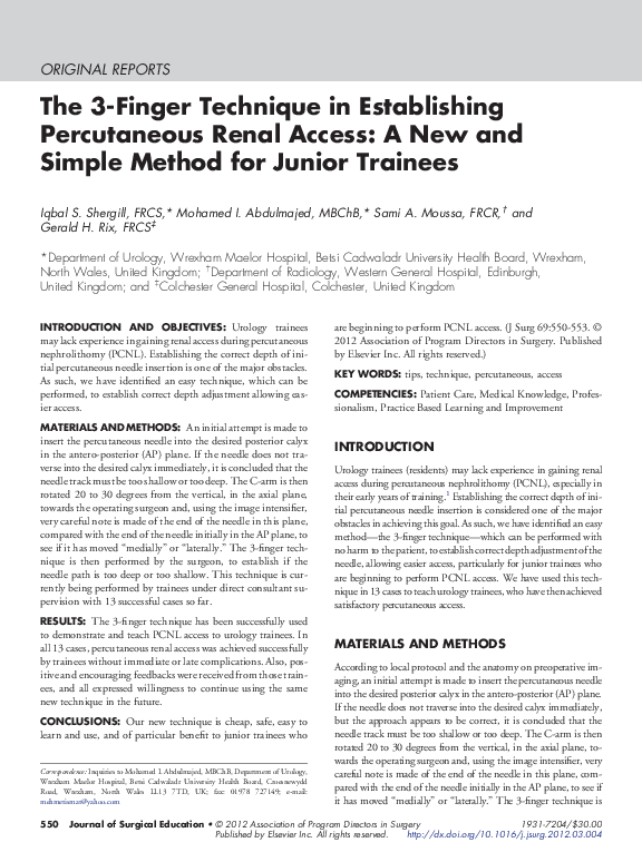 (PDF) The 3-Finger Technique in Establishing Percutaneous Renal Access ...