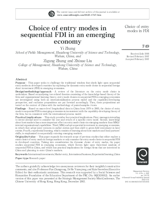 (PDF) Choice of entry modes in sequential FDI in an emerging economy