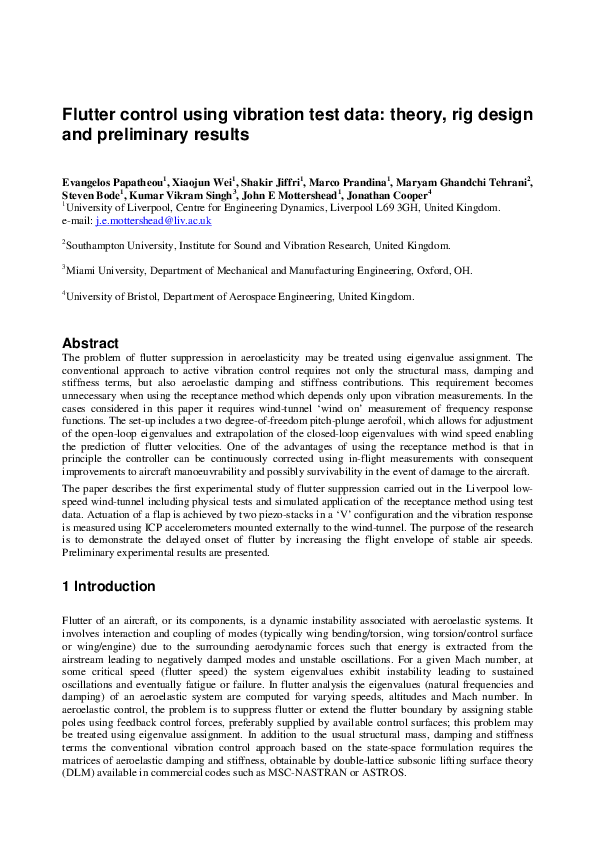 Pdf Flutter Control Using Vibration Test Data Theory Rig Design And