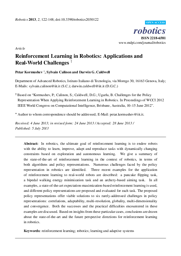 Pdf Reinforcement Learning In Robotics Applications And Real World Challenges