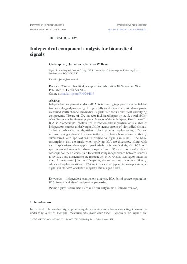 (PDF) Independent Component Analysis for Biomedical Signals