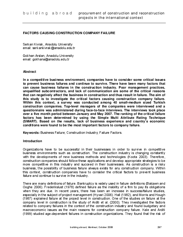 (PDF) FACTORS CAUSING CONSTRUCTION COMPANY FAILURE