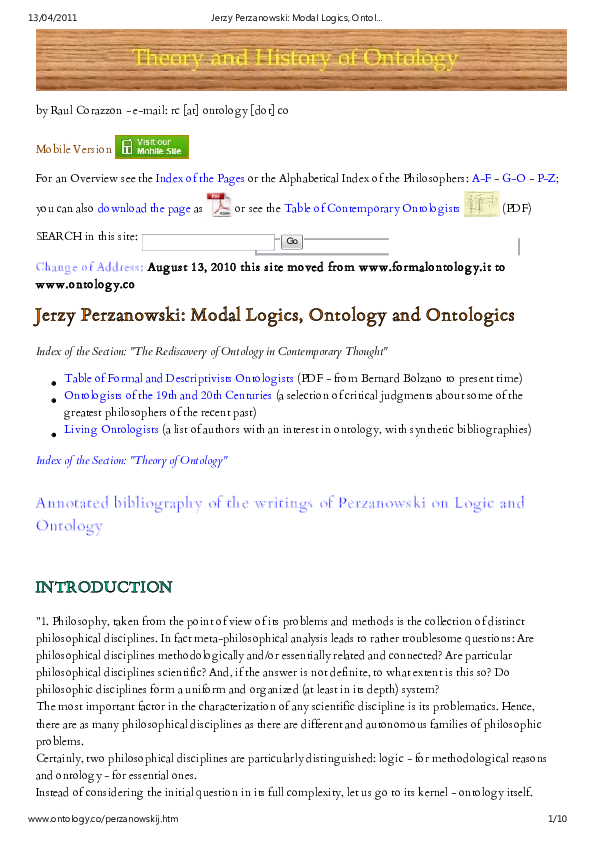 (PDF) Jerzy Perzanowski: Modal Logics, Ontology and Ontologics