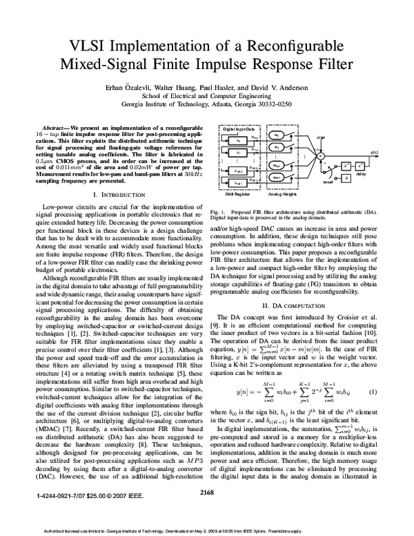 (PDF) VLSI Implementation of a Reconfigurable Mixed-Signal Finite Impulse Response Filter