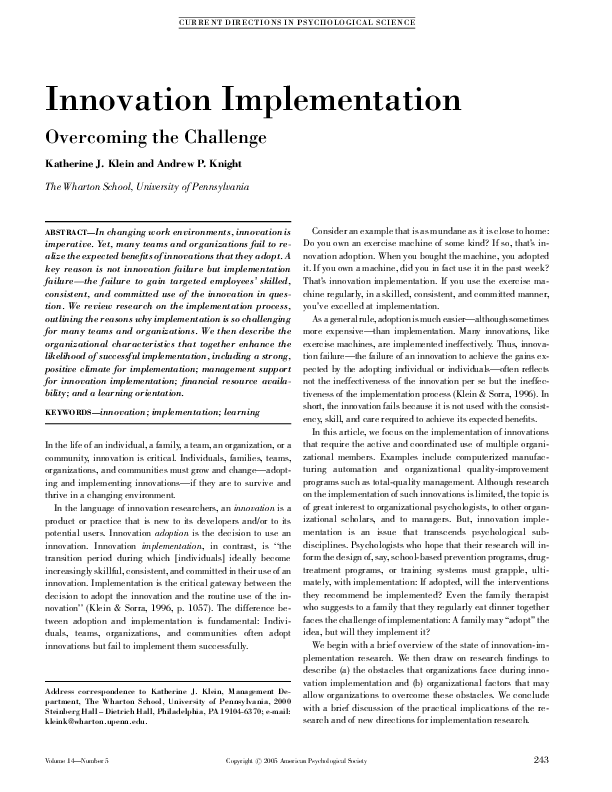 (PDF) Innovation implementation: Overcoming the challenge