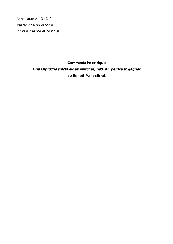 (PDF) Commentaire critique - Une approche fractale des marchés, risquer ...