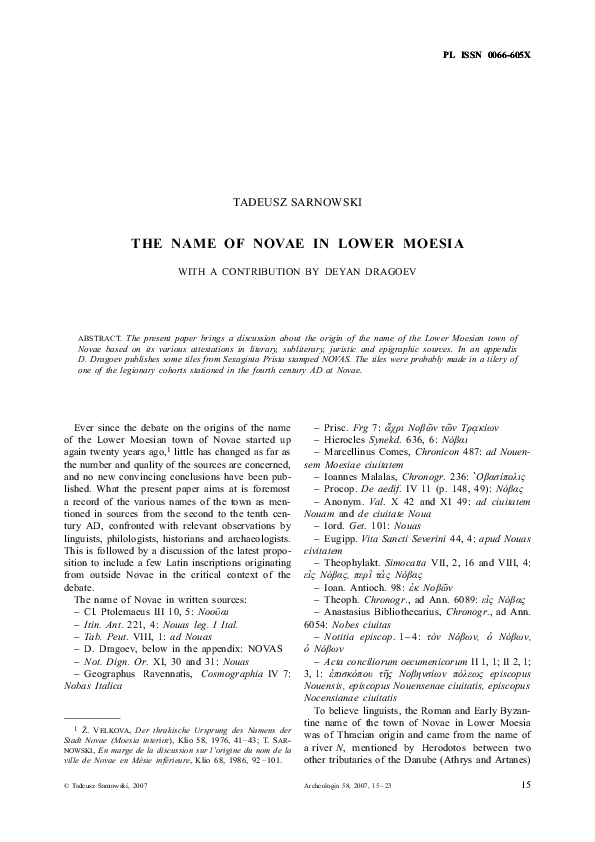 (PDF) The Name of Novae in Lower Moesia