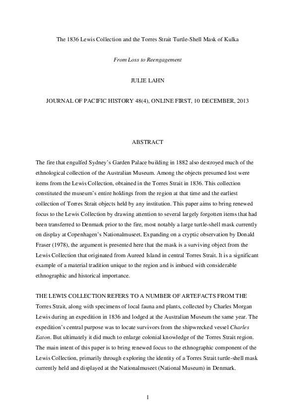 (PDF) The 1836 Lewis Collection and the Torres Strait Turtle-Shell Mask ...