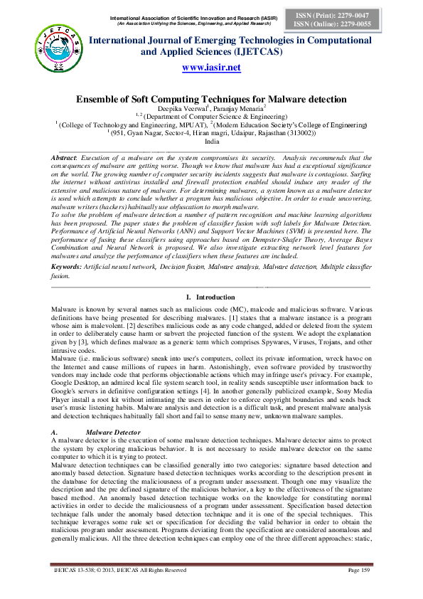 (PDF) Ensemble of Soft Computing Techniques for Malware detection