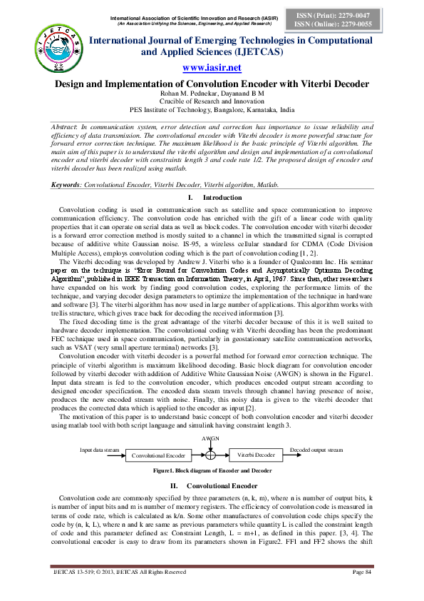 Pdf Design And Implementation Of Convolution Encoder With Viterbi Decoder