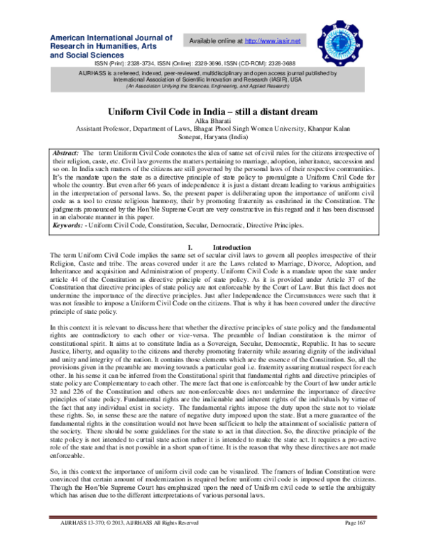 (PDF) Uniform Civil Code in India – still a distant dream