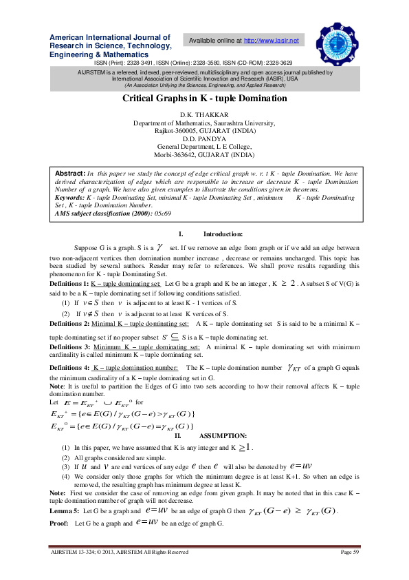 (PDF) Critical Graphs in K -tuple Domination