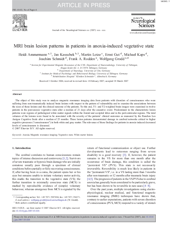 (PDF) MRI brain lesion patterns in patients in anoxia-induced ...