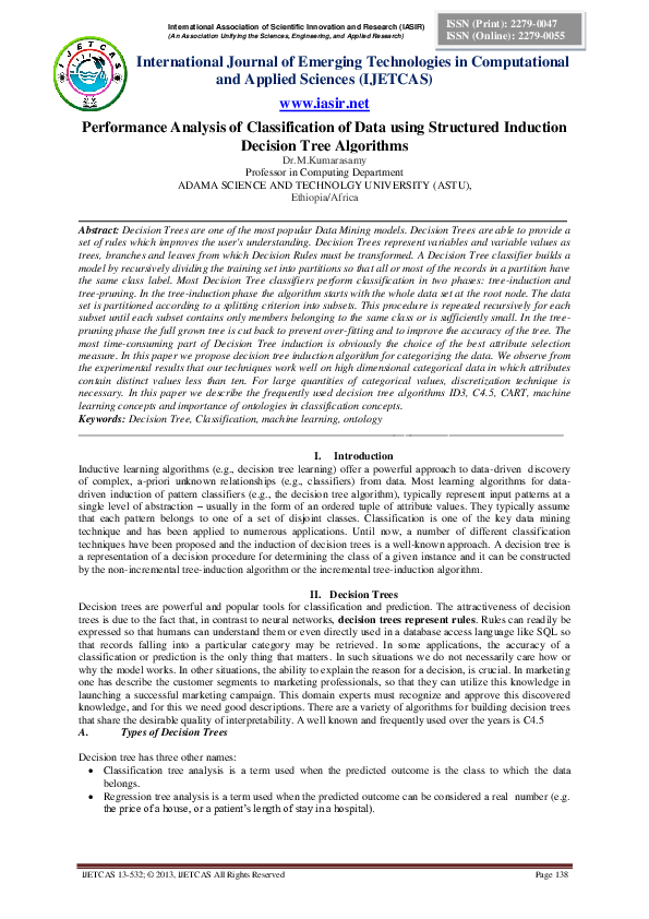 Pdf Performance Analysis Of Classification Of Data Using Structured Induction Decision Tree