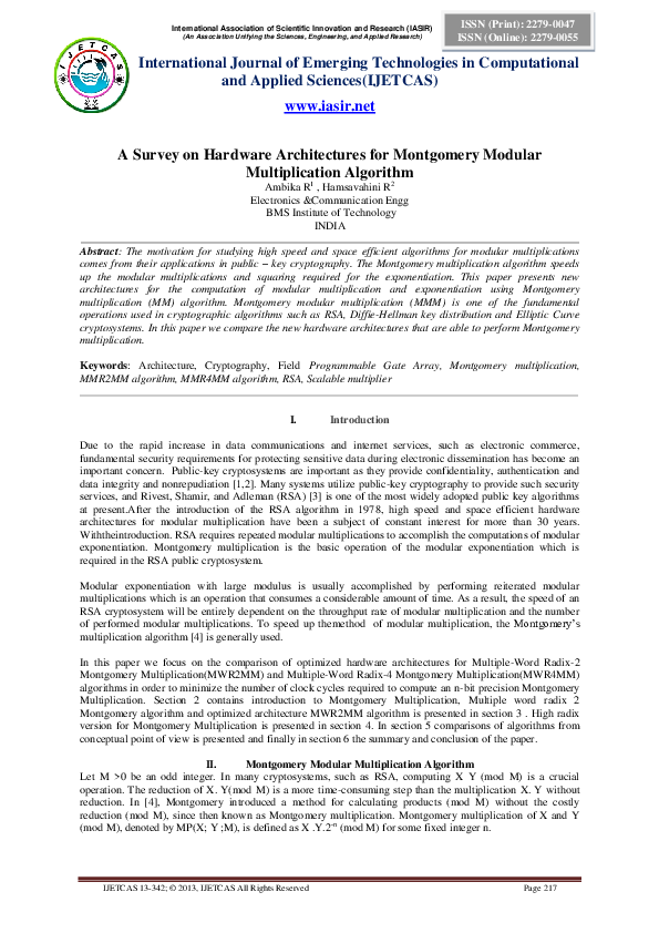 (PDF) A Survey on Hardware Architectures for Montgomery Modular ... (PDF) A Survey on Hardware Architectures for Montgomery Modular ...