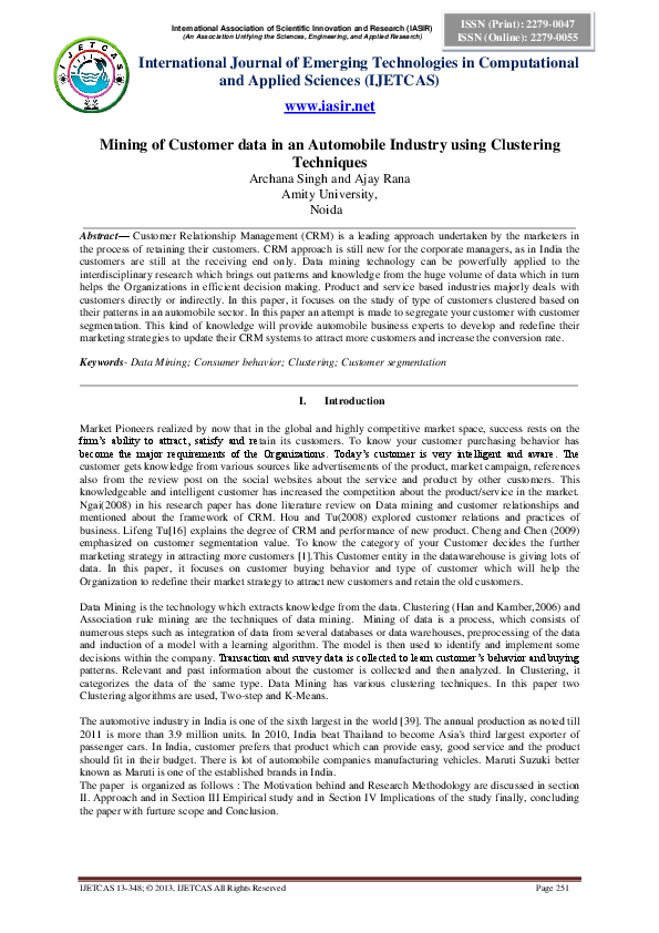 Pdf Mining Of Customer Data In An Automobile Industry Using Clustering Techniques
