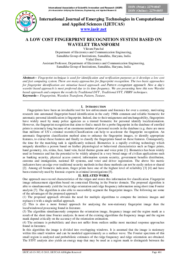 (PDF) A LOW COST FINGERPRINT RECOGNITION SYSTEM BASED ON WAVELET TRANSFORM
