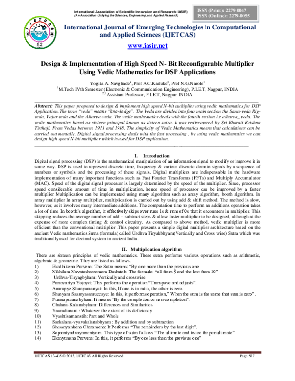 Pdf Design And Implementation Of High Speed N Bit Reconfigurable Multiplier Using Vedic