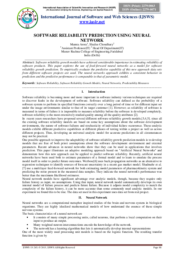 Pdf Software Reliability Prediction Using Neural Network Iasir Journals