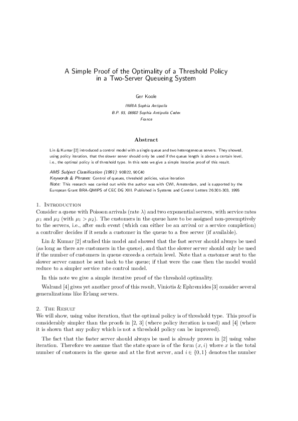 (PDF) A simple proof of the optimality of a threshold policy in a two-server queueing system* 1