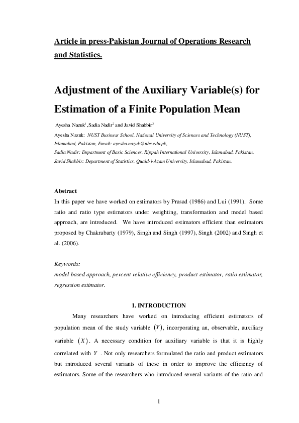 Pdf Adjustment Of The Auxiliary Variable S For Estimation Of A Finite Population Mean 1 2 3