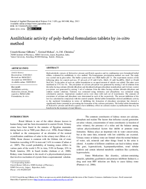 (PDF) Antilithiatic activity of poly-herbal formulation tablets by in-vitro method ARTICLE INFO ...