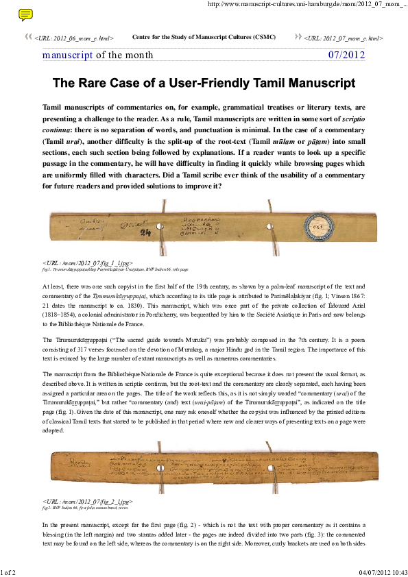 (PDF) The Rare Case of a User-Friendly Tamil Manuscript